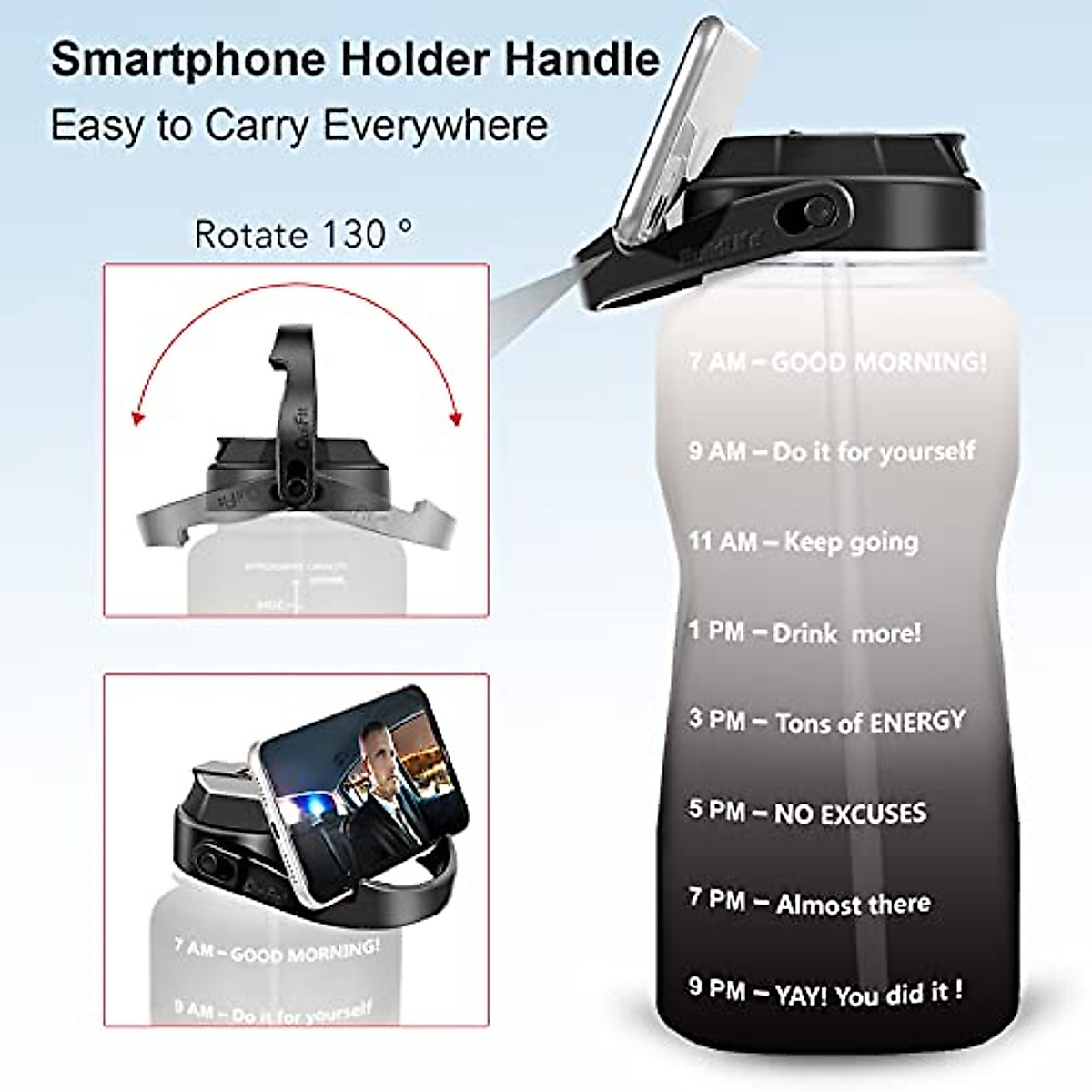 QuiFit Motivational Gallon Water Bottle - with Straw & Time Marker BPA Free 128/64 oz Large Water Jug Leak-Proof Durable for Fitness Outdoor Enthusiasts(Gray/Black Gradient, 64 oz)