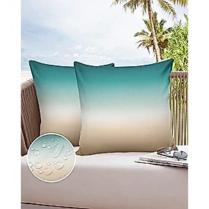 Pack of 2 Waterproof Outdoor Pillow Covers, Ombre Color Decorative Throw Pillow Covers Square Pillowcases Cushion Covers for Patio Garden 16x16 Inch Khaki and Aqua Painting