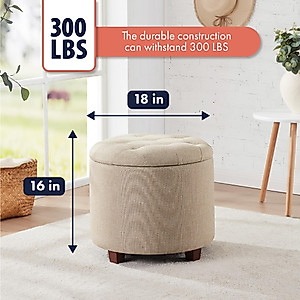 Ornavo Home Decor Round Ottoman with Storage, Round Vanity Chair Stool Ottoman Pouf with Storage for Living Room and Bedroom, Linen Beige