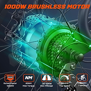 LONG SENG Adult Electric Bike 1000W 35MPH, 48V 20AH Removable Battery Electric Bicycle, 7-Speed eBike 20"x4.0"Adult Electric Bicycle Commuter Electric Bike Passed UL Certification (48V 20AH, Black)