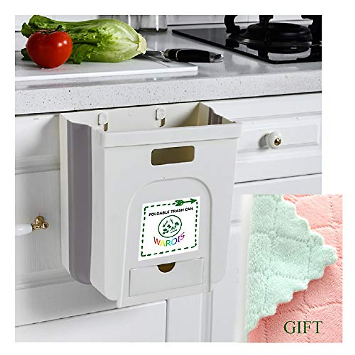 Upgrate Foldable Trash Can 9L Hanging Folding Garbage Bin with Waste Bag Pocket for Home & Portable Outdoor Collapsible Trash Bin (White)