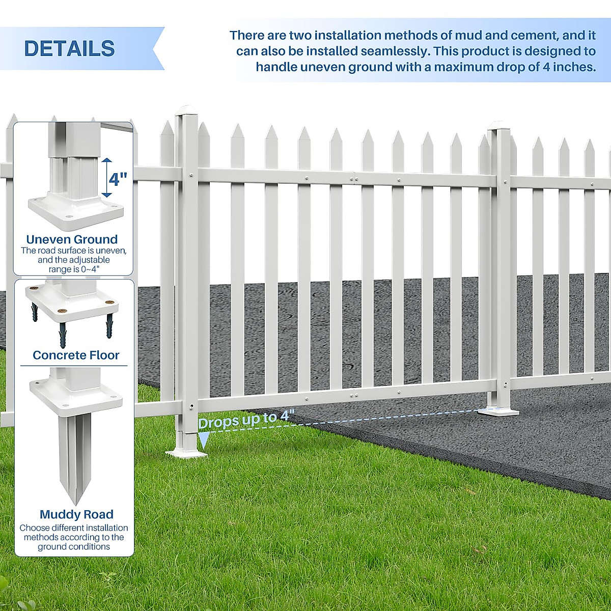 E&K 4 Sets 30"H x 84"W Vinyl White Picket Fence Panels Decorative Fencing for Front Porch Yard Garden Pool (34 Pickets, Straight)