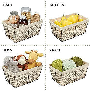 mDesign Medium Metal Farmhouse Home Storage Organizer Basket - Chicken Wire Design, Fabric Liner for Kitchen, Bathroom, Living Room, Pantry, Cupboard, Shelves, Countertop - 4 Pack - Bronze/Natural