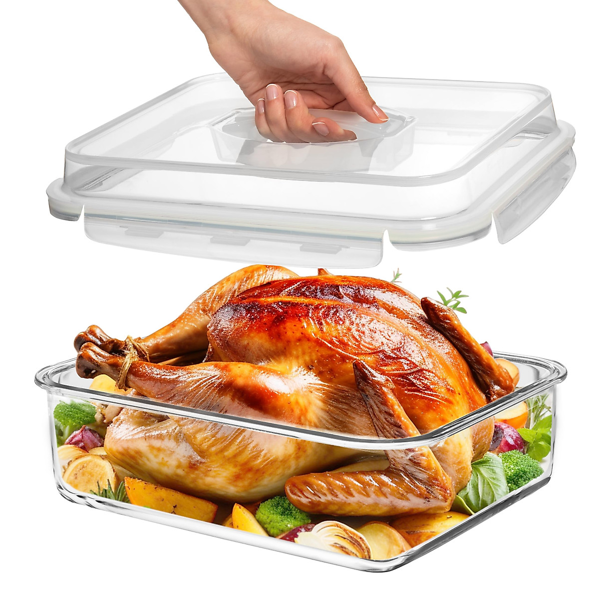 4800 ML / 163 oz / 21 Cup LARGE Glass Food Storage Container with Airtight Locking Lid. Ideal Storing food, Vegetables, Fruits. Baking Casserole, Lasagna, Roasting Turkey, Chicken BPA Free Oven Safe