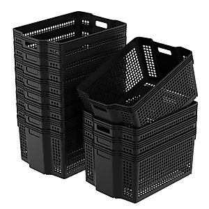 Bringer 12-Pack Large Plastic Organizer Baskets, Stacking Plastic Storage Basket, Black