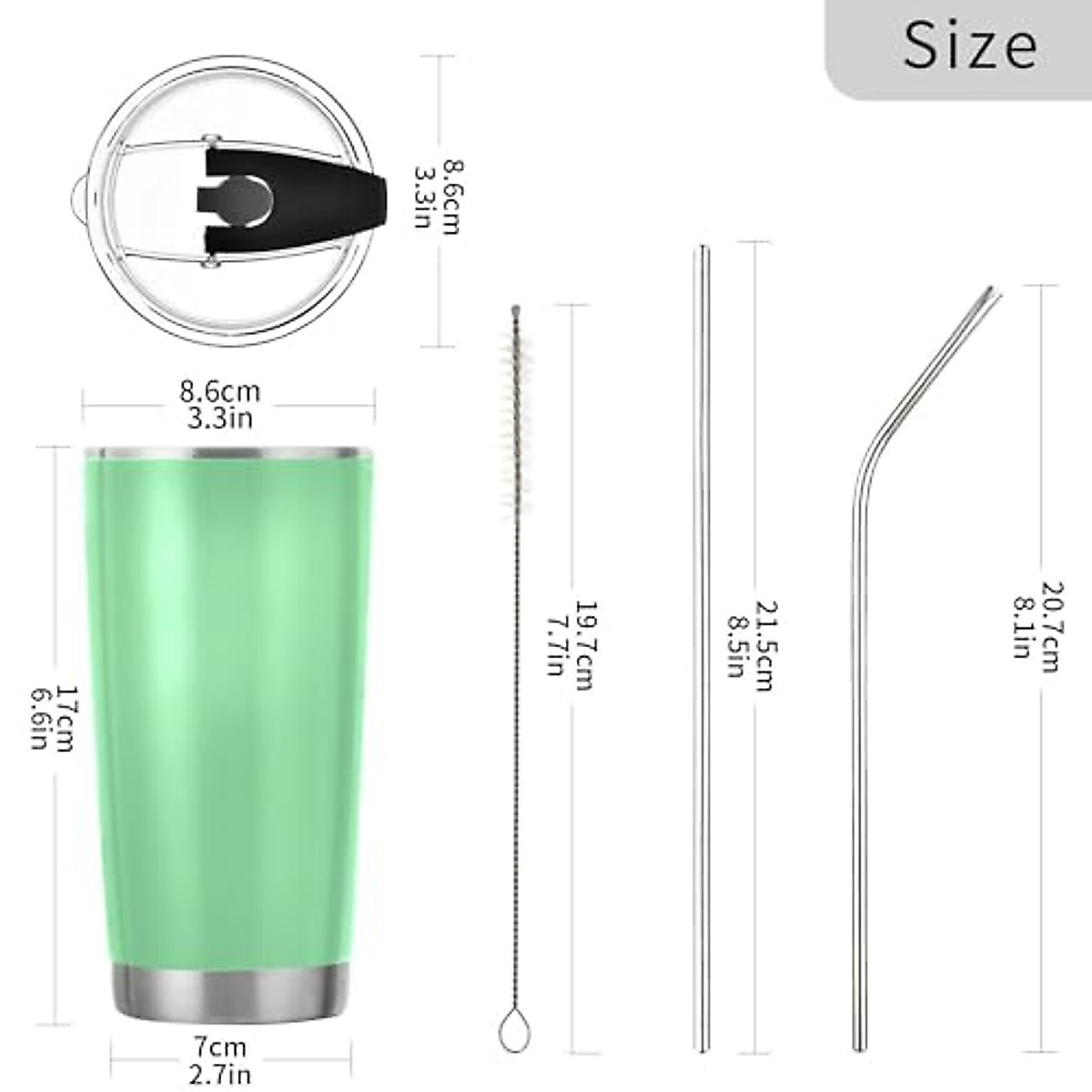 Qilmy Pale Green Tumbler with Lid and Straw, 20 oz Double Walled Insulated Stainless Steel Tumbler Travel Coffee Cup for Hot & Cold Drinks