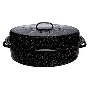 Millvado Roasting Pan With Lid, Turkey Roaster Pan, Extra Large 18 lb Capacity, 18" Granite Oven Roaster Oval Shaped Speckled Enamel on Steel Cookware