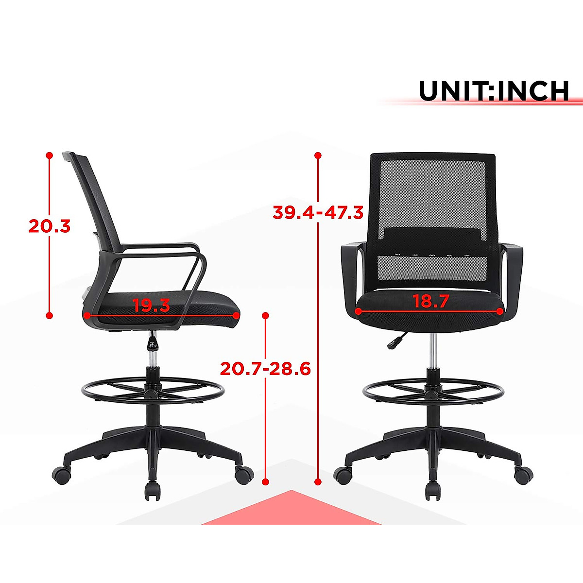 Drafting Chair Tall Office Chair Mesh Ergonomic Mid-Back Desk Chair with Adjustable Foot Ring for Executive Computer Standing Desk, Black