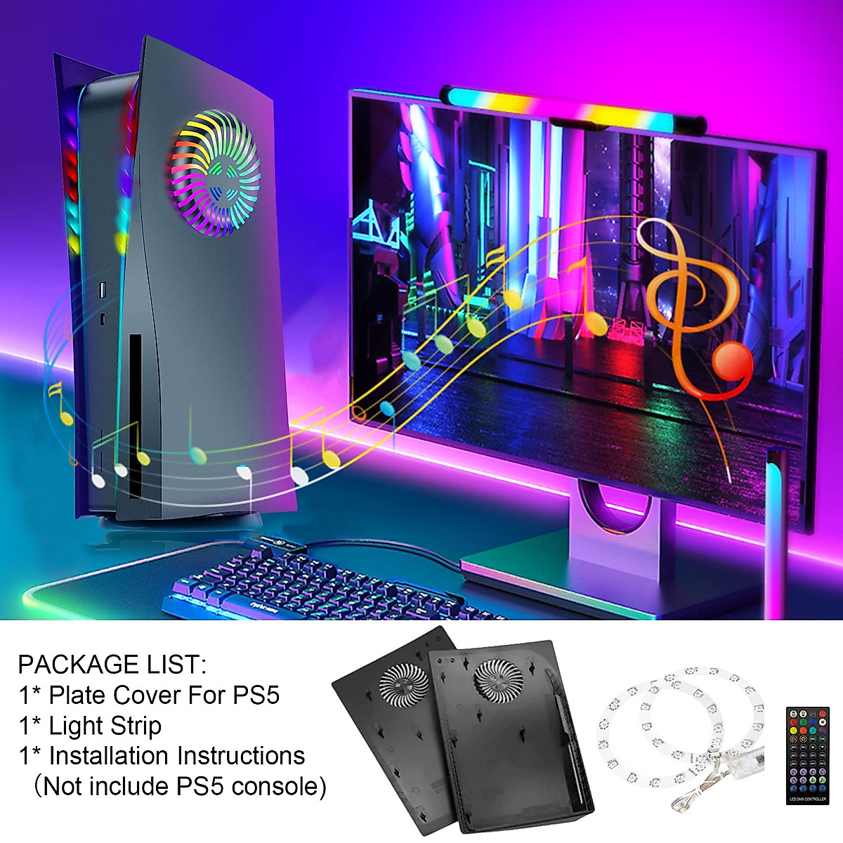 Joso Face Plates Cover and RGB LED Light Strip for PS5 Disc Edition Console, Shell Plates with Fan Vents for PS5 Accessories, Music Sync with 8 Colors 400+ Lighting Effects for PS5, ABS Anti-Scratch