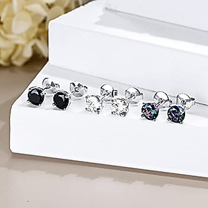 3 Pairs 6mm Round Stud Earrings Set for Women and Men, Clear/Rainbow/Black Cubic Zirconia Hypoallergenic Earring Pack (White Gold)
