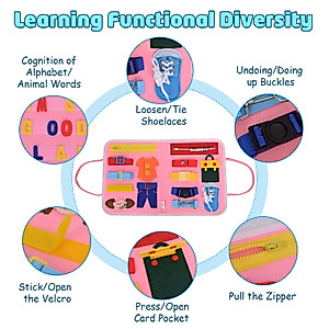 CNHBSS Busy Board, Montessori Toddler Toys, Felt Sensory Board, Gifts for 1 2 3 4 Boys and Girls, Learning Fine Motor Skills Cognitive Letters and Numbers, Toddler Activities Travel Toys(Pink)