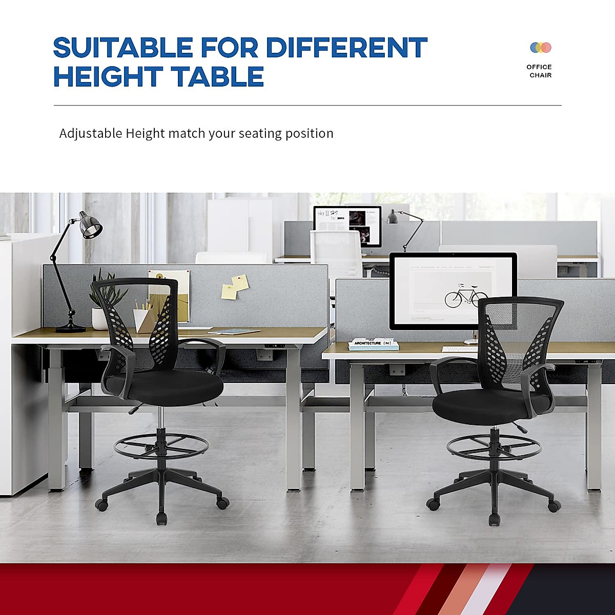 FDW Drafting Chair Tall Office Chair Ergonomic Office Chairs Adjustable Height Rolling Swivel Computer Task Chair Mesh Desk Chair with Arms Foot Rest Back Support (Black)