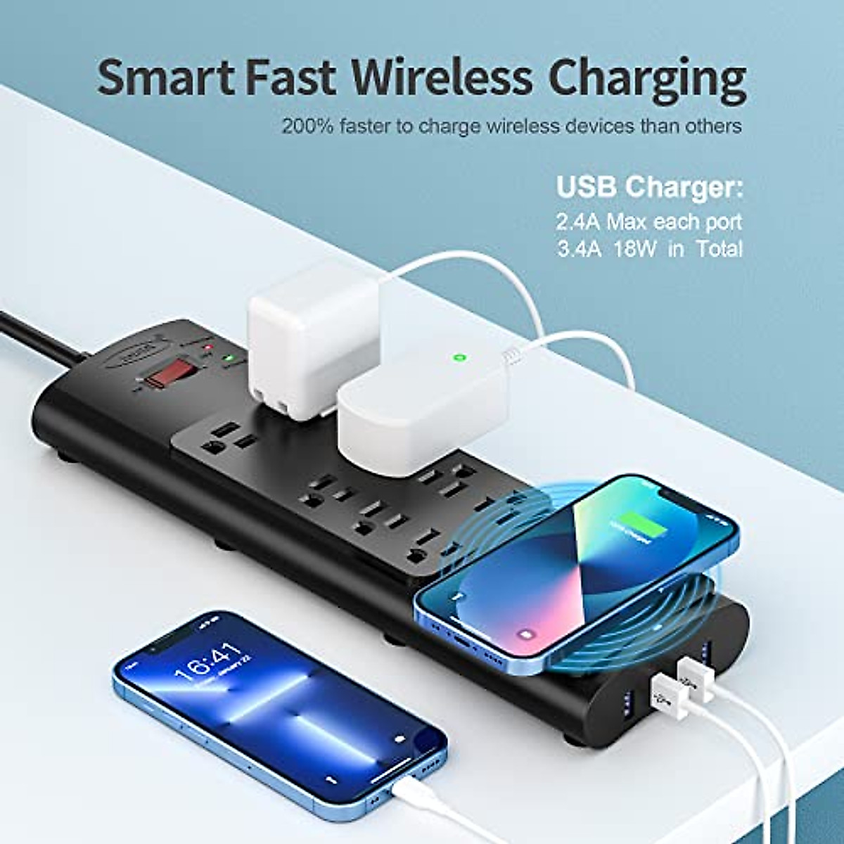Power Strip with Wireless Charger, Bototek Power Strip Surge Protector (2980 Joules) Wireless Charger with 8 AC Outlets and 4 USB Ports,1875W/15A, 6 ft Extension Cord (8 Outlets)