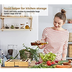 Bamboo 6 In 1 Foil and Plastic Wrap Organizer, Ziplock Bag Organizer/Holder Wrap Dispenser With Slide Cutter, for kitchen Drawer or House Wall Use, for Gallon,Quart,Sandwich Bag etc.