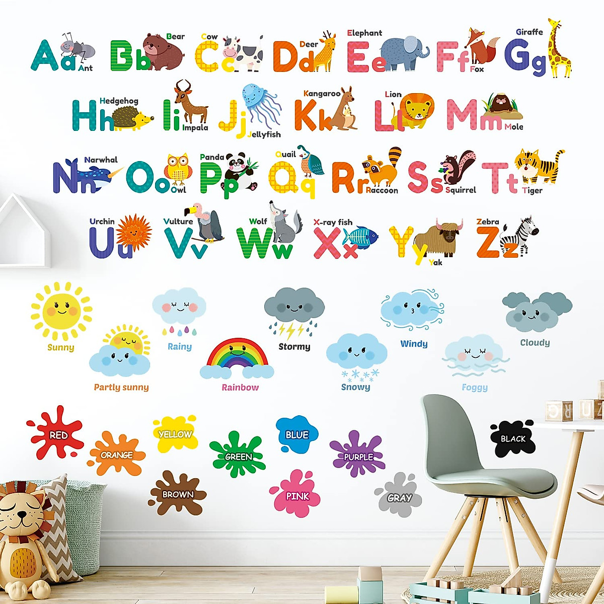 DECOWALL DS9-8070 Animal Alphabet Numbers Colour Weather Kids Wall Stickers Decals playroom Letters Decor Bedroom ABC Nursery Classroom Toddlers Learning Educational Baby Rainbow Colorful