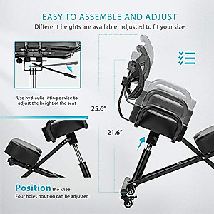 Ergonomic Kneeling Chair with Backrest Adjustable Height with Thick and Comfortable Cushion and Smooth Gliding Casters Correct Sitting Posture Suitable for Home Black