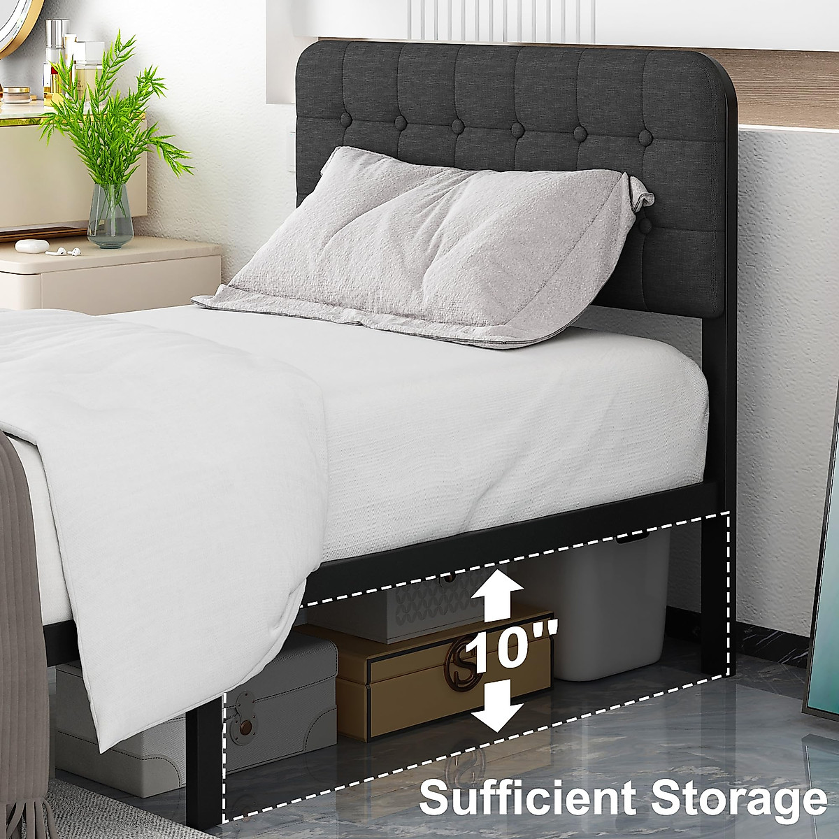 Likelalaso Twin Bed Frame with Upholstered Headboard, 12 inch Twin Metal Platform Bed Frame, Steel Slat Support, Noise Free, No Box Spring Needed, Easy Assembly, Black