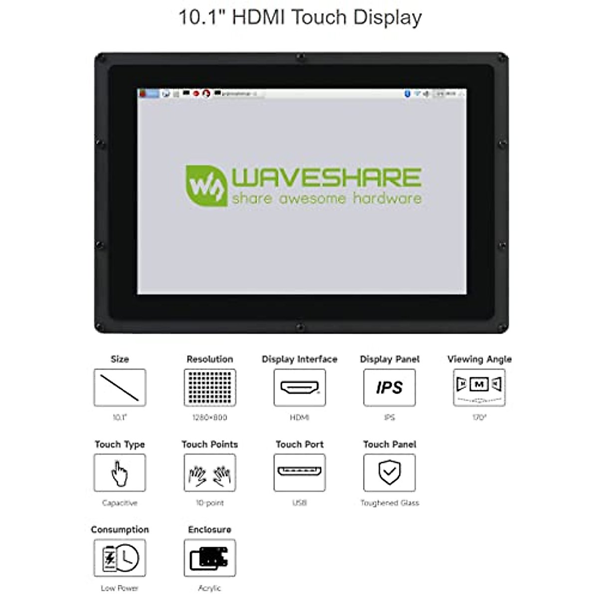 Waveshare 10.1 inch Capacitive Touch Screen LCD IPS Screen 1280x800 Hardware Resolution Supports Multi Mini-PCs and Multi Systems