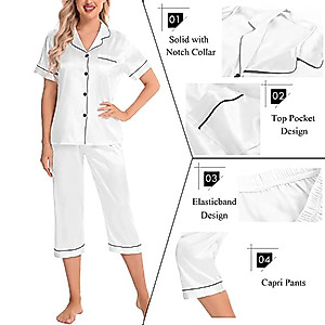 SWOMOG Satin Pajama Set Women Silk Pjs Set Short Sleeve 2 Piece Button Down Sleepwear Lounge Sets White