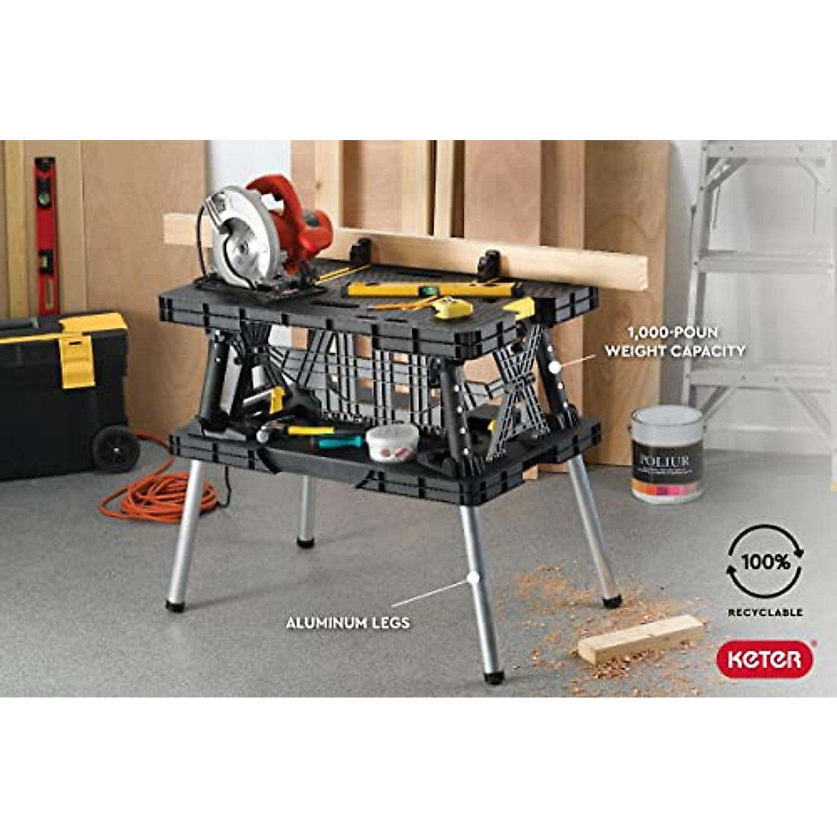 Keter - 197283 Folding Table Work Bench for Miter Saw Stand, Woodworking Tools and Accessories with Included 12 Inch Wood Clamps – Easy Garage Storage Black/Yellow