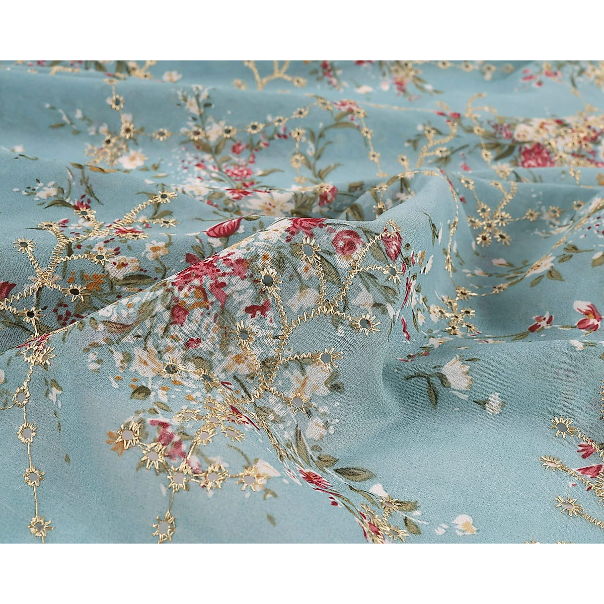 Embroidered Eyelets Chiffon Fabric Drape Floral Printing for Dresses Making 60 inch Wide (Grayish Green, Pre-Cut 4 Yards)