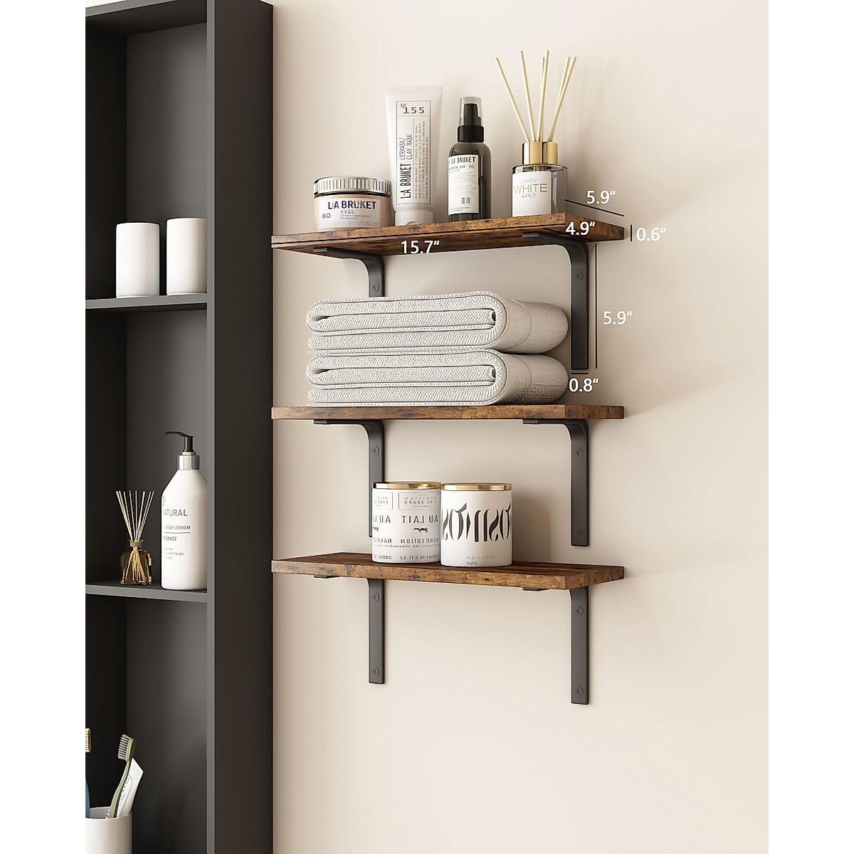 HOLISUN Floating Shelves, Set of 3, Wall Mounted, Wood, for Bathroom, Bedroom, Living Room, Kitchen, Small Storage Shelves (Brown)