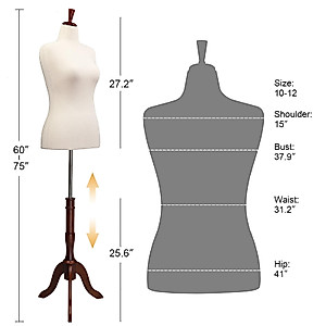 Bonnlo Female Dress Form Size 10-12, Adjustable Height Torso Body with Upgraded Tripod Stand, Medium Size Mannequin for sewing and display (10-12, Cream1)