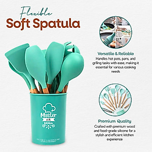 Silicone Cooking Set, 12 pcs Kitchen Utensils Set, Wooden Handle, Bucket Storage, High-Temperature Resistance, Scratch-Free, Cooking Spoons for Nonstick, Best Kitchen Tools, 1st Apartment Kitchen