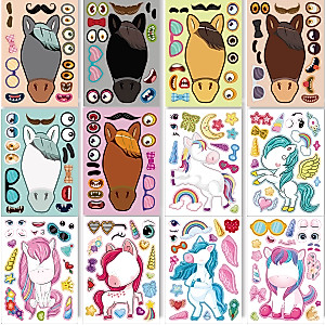 24 Sheets 8.27''×5.9'' Make Your Own Stickers for Kids Toddlers, Make a Face Stickers Mix and Match with Unicorns Dinosaur Horse and Sea Animals for Kids Party Favors Activities