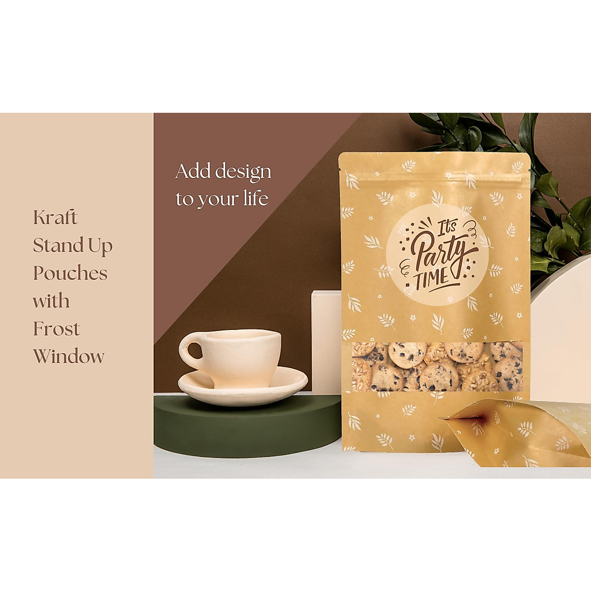 100PCS Stand Up Pouches with Window, Kraft Ziplock Pouch bags, 7"x 10.2", Reusable Stand Up Bags, Resealable & Heat Sealable Odor Free Food Storage Bag, Packaging for Small Business & Home Use [LEAF]