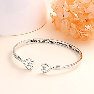 DAOCHONG Sister Gift Sterling Silver Engraved Always My Sister Forever My Friend Double Love Heart Cuff Bangle