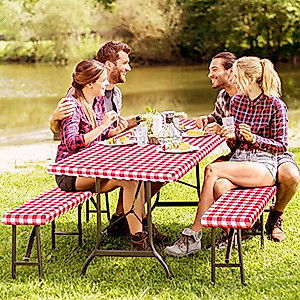 Senneny 3 PCS Fitted Picnic Table Cover and Bench Cover Set, 100% Waterproof Vinyl Tablecloth with Flannel Backing, Red and White Checkered, 30 x 72 Inch
