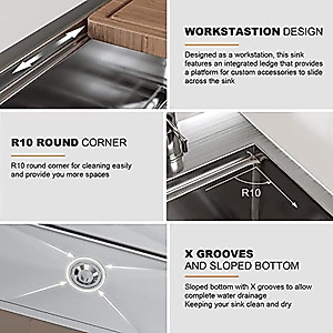 HOROW 33 inch Drop In Workstation Kitchen Sink, 18 Gauge Topmount Drop In Sink for Kitchen, sus 304 Stainless Steel Sink with 2 holes, Deep Single Bowl Kitchen Sink with Accessories, 33"x22"x10"