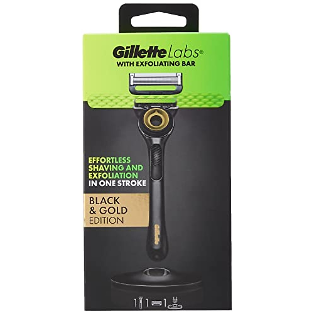 Gillette Labs Men's Razor + 1 Razor Blade Refill, with Exfoliating Bar, Includes Premium Magnetic Stand, Black & Gold Edition