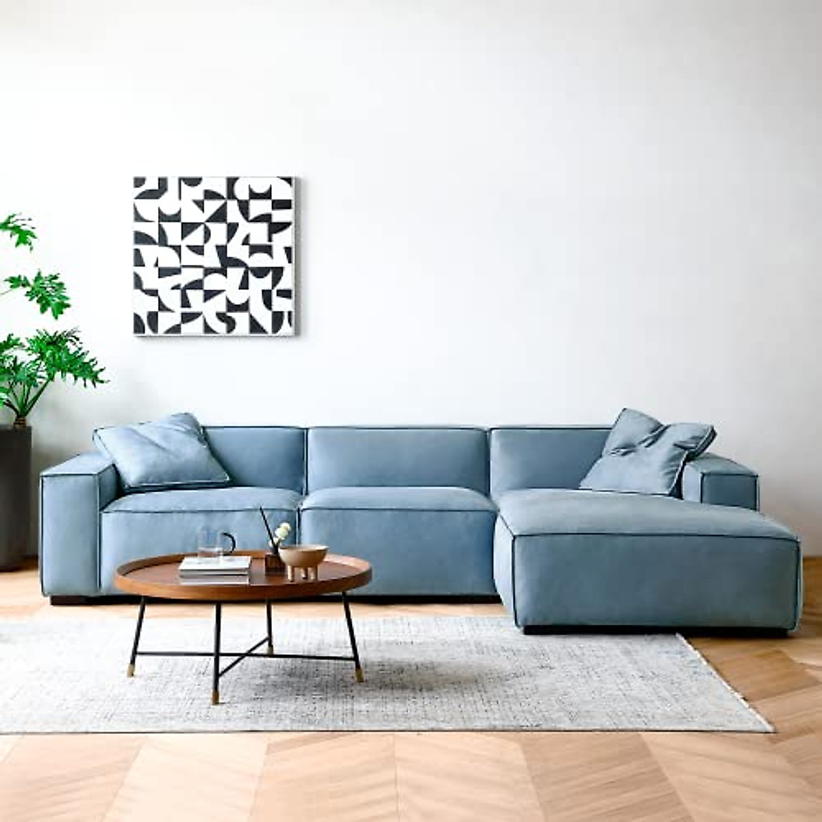 Acanva Modern L-Shaped Deep Sectional Sofa Furniture Set for Living Room Lounge, Minimalist Style Comfy Suedette Upholstery Corner Couch with Chaise, Blue