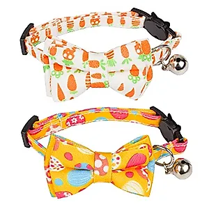 ADOGGYGO 2 Pack Easter Cat Collar with Bow Tie Bell, Kitten Collar Breakaway with Removable Bowtie Carrot Easter Egg Pattern Collar for Cat