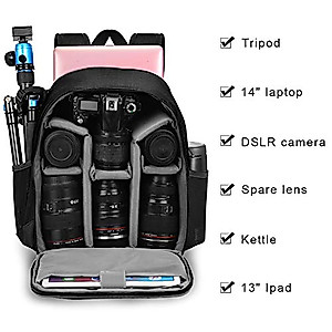 CADeN Camera Backpack Bag for DSLR/SLR Mirrorless Camera Waterproof with 14 inch Laptop Compartment, USB Charging Port, Tripod Holder, Rain Cover, Camera Case Compatible for Sony Canon Nikon Black