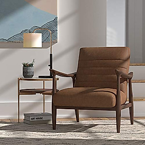 Amazon Brand – Rivet Spear Mid-Century Modern Channel Tufted Leather Accent Chair with Wood Arms, 29.1"W, Cognac Brown