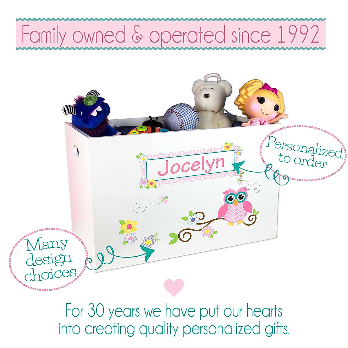 My Bambino Personalized Dinosaur Toy Box for Boys Custom White Wooden Theme for Kids Bin Child Safe with No Lid Storage Playroom Nursery (Dinosaur)