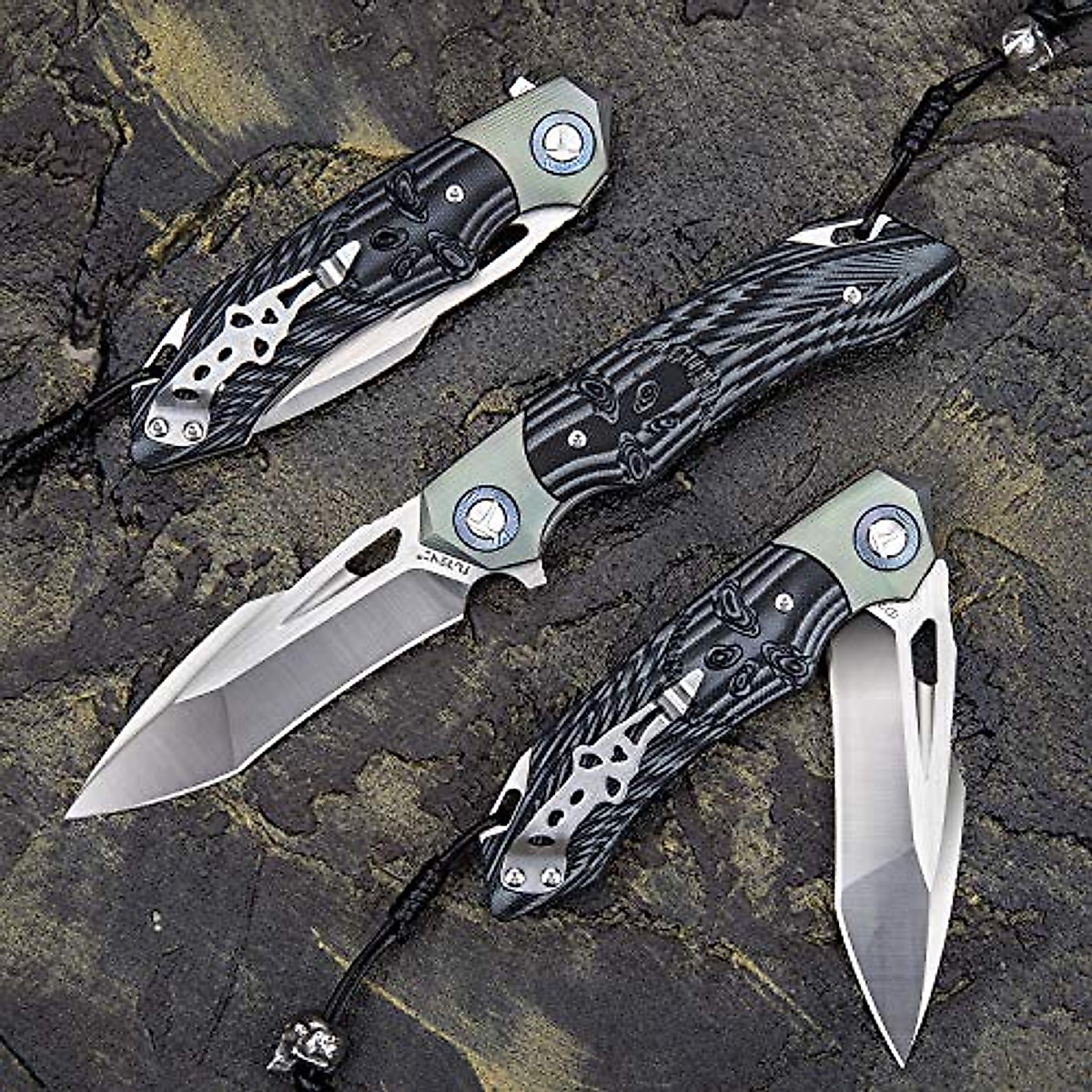 NEWOOTZ Skull Theme Folding Pocket Knife with Leather Sheath, Handmade Titanium Damascus Steel Decoration Handle,4in 58-60HRC Blade, EDC Cool Outdoor Tanto Point Knives for Men Women