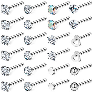 Kridzisw 18G Nose Rings Studs Piercing Jewelry for Women Stainless Surgical Steel Diamond Hypoallergenic Straight Stud Nose Nostril Ring Pin Bone Piercing Jewelry Pack Set for Women Men CZ Silver 3mm