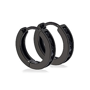 Tarsus 12mm Unisex Black Round CZ Hoop Earrings Huggie Ear Piercings