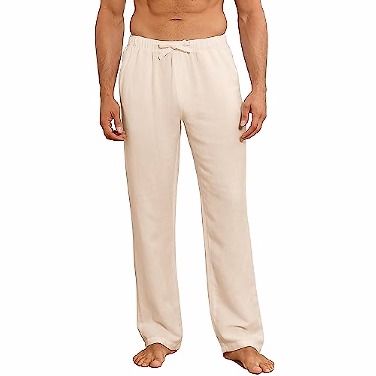 Soojun Mens Linen Pull on Pants with Elastic Waist Casual Yoga Pants, Khaki, Medium/32 Inseam