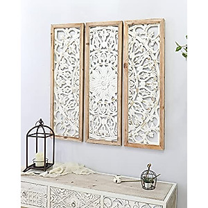 CASOLLY Carved Wood Wall Decor,Floral-Patterned Wooden Panels (Set of 3),Decorative Carved Wall Sculpture,39"x36"x1",for Living Room Bedroom Entrance Hall