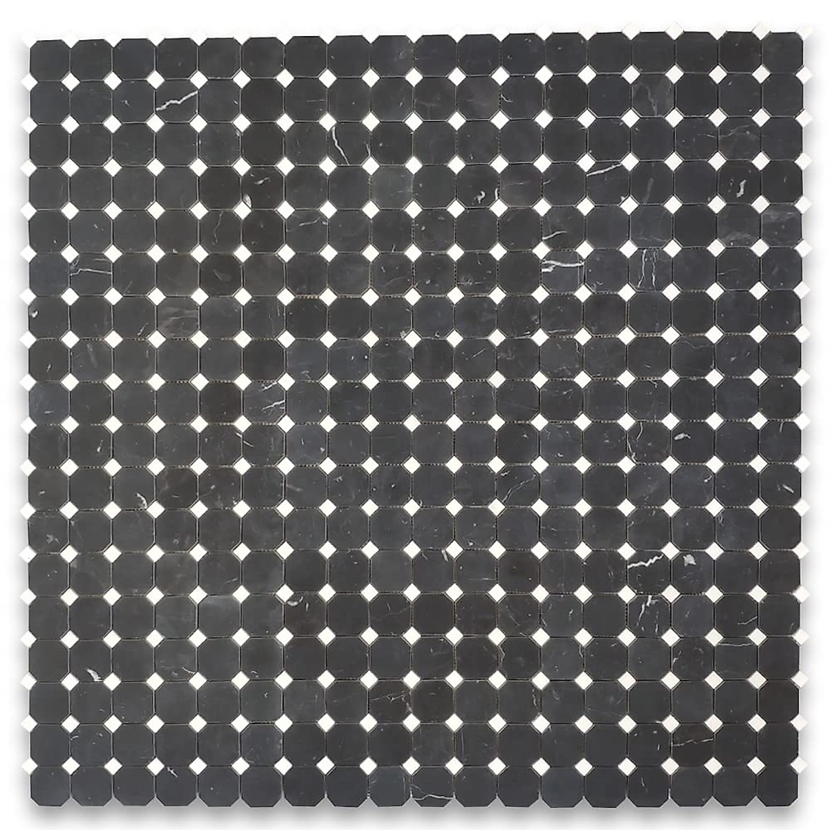 Stone Center Online Nero Marquina Black Marble 2 inch Octagon Mosaic Tile w/Thassos White Dots Honed Kitchen Bath Wall Floor Backsplash Shower (1 Sheet)