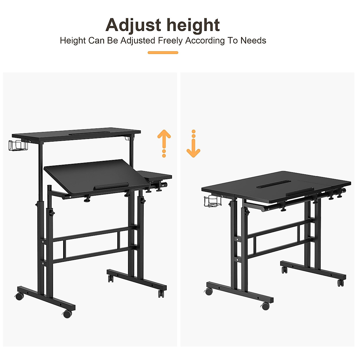 SogesPower 2 Platforms Mobile Laptop Desk Adjustable Side Table Computer Stand for Bed Sofa,Mobile Standing Desk with Cup Holder and Hooks,Black