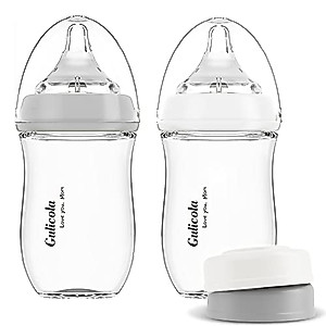 Gulicola Natural Glass Baby Bottle for Breastfed Babies, Medium Flow, Anti-Colic, 3 Months+, 5oz, 2 Count(Grey White)