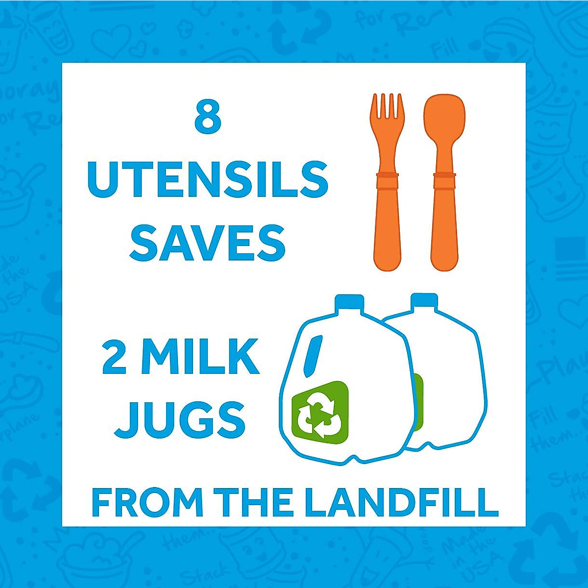 Re-Play Made in USA Toddler Forks and Spoons, Pack of 8 Without Carrying Case - 4 Kids Forks with Rounded Tips and 4 Deep Scoop Toddler Spoons - 0.2" Thick Toddler Utensils, Preschool