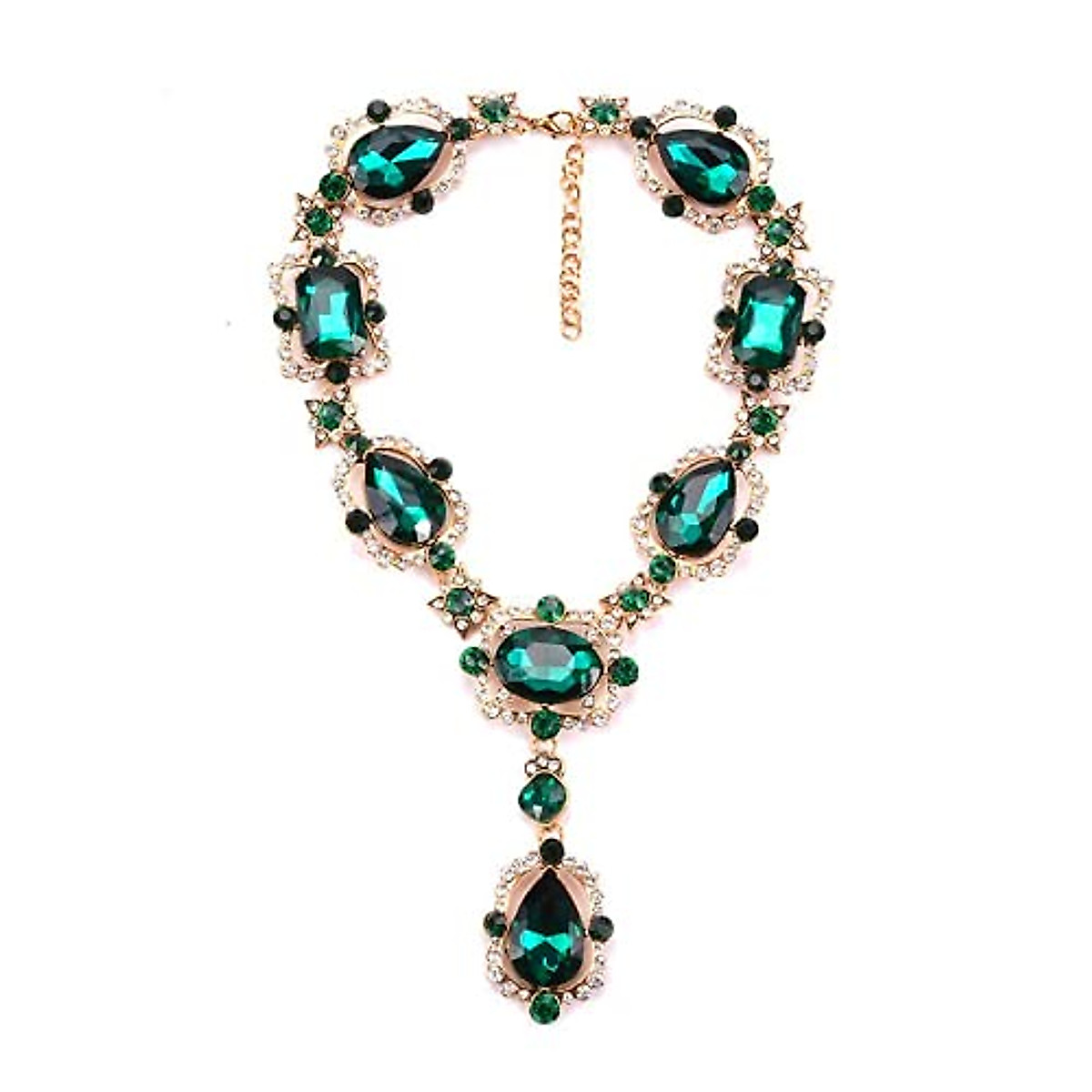 Secret for Longevity Extra Large Victorian Art Deco Antique Retro Vintage Style Gold Tone Dark Green Hunter Emerald Rhinestone Chunky Statement Wedding Bridal Prom Drag Queen Pageant Necklace