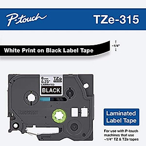 Brother Genuine P-touch TZE-315 Tape, 1/4" (0.23") Wide Standard Laminated Tape, White on Black, Laminated for Indoor or Outdoor Use, Water-Resistant, 0.23" x 26.2' (6mm x 8M), Single-Pack, TZE315